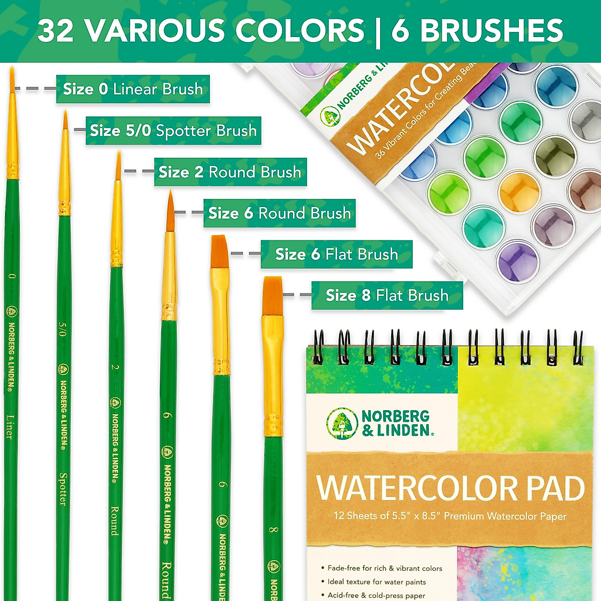 Norberg & Linden Watercolor Paint Set - 36 Premium Paints - 12 Page Pad - 6 Brushes - Painting Supplies with Palette, Watercolors, Art Pad Paper and Artist Brushes