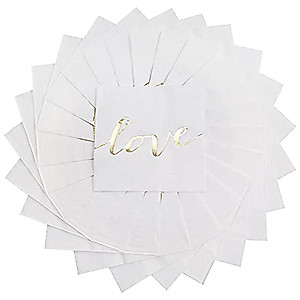 Dulousia White Luncheon Paper Napkins Stamped with Sparkle Gold Love - Folded 6.5 x 6.5inch for Wedding, Bridal/Baby Shower, Dinner Birthday Party (48Count)