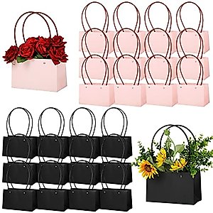 24 Pcs Flower Gift Bags Bouquet Paper Bags with Handle Waterproof Bouquet Gift Box Rectangle Flower Boxes for Arrangements Gift Wrap Bags for Birthday Wedding Holiday Party (Black, Pink)