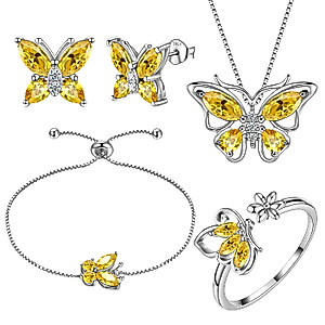 Aurora Tears Butterfly Jewelry Set,925 Sterling Silver Butterflies November-Citrine Birthstone Pendant Necklace/Earrings/Rings/Bracelets for Wedding Gift
