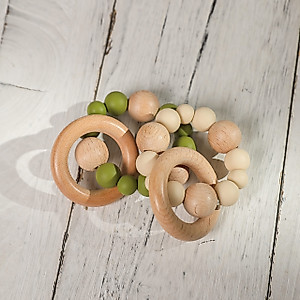 Promise Babe Silicone Baby Teether, Food Grade Silicone & Beech Baby Teething Ring Retro Color Bracelet 2pc Set Baby Ring Wooden Baby Nursing Bracelet