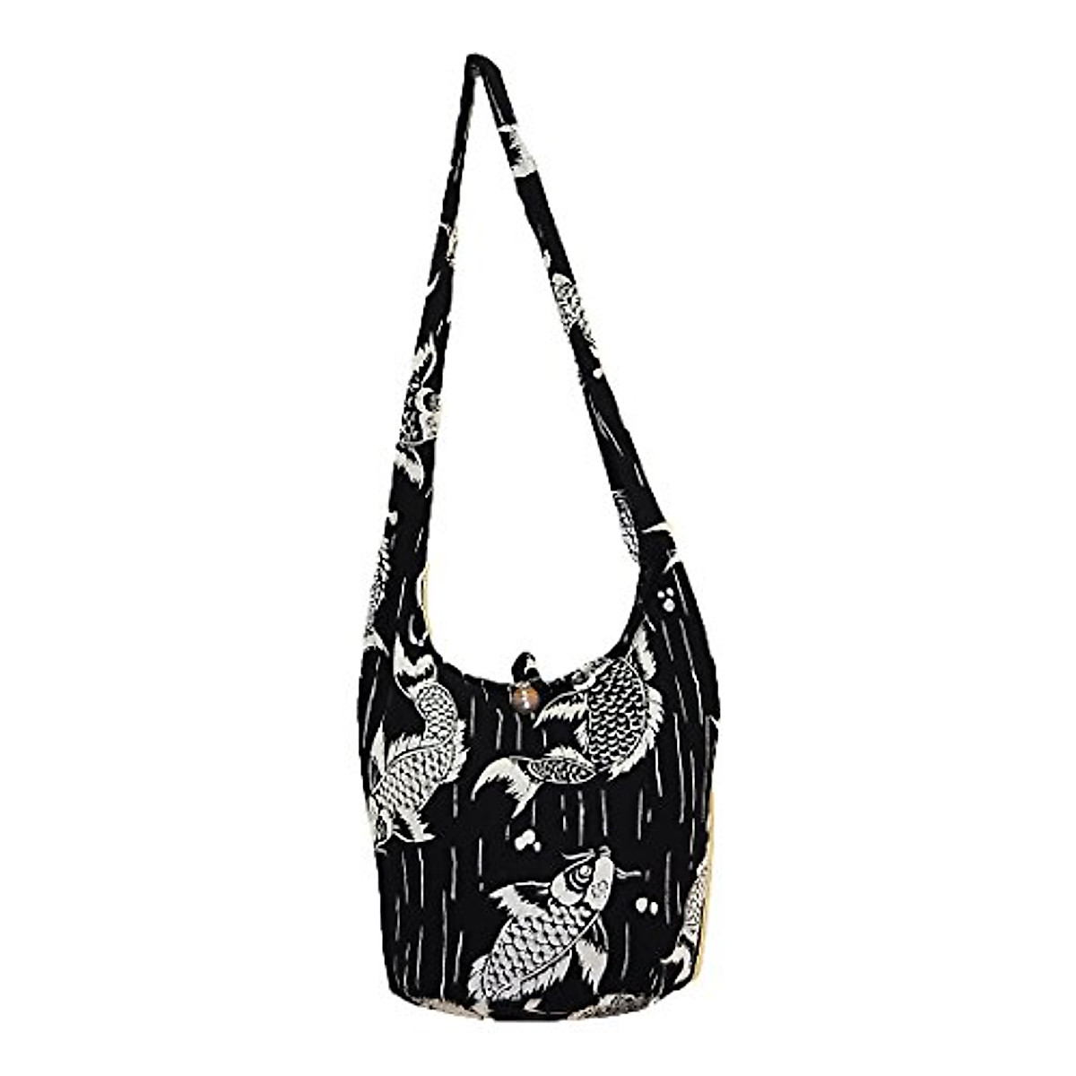 Thai Hippie Hobo Sling Crossbody Shoulder Bag Japanese Koi Carp Fish Purse Handmade Zip Cotton Gypsy Boho Messenger Medium (M949 (Black))