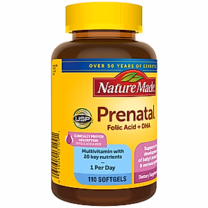 Nature Made Prenatal with Folic Acid + DHA, Prenatal Vitamin and Mineral Supplement for Daily Nutritional Support, 110 Softgels, 110 Day Supply