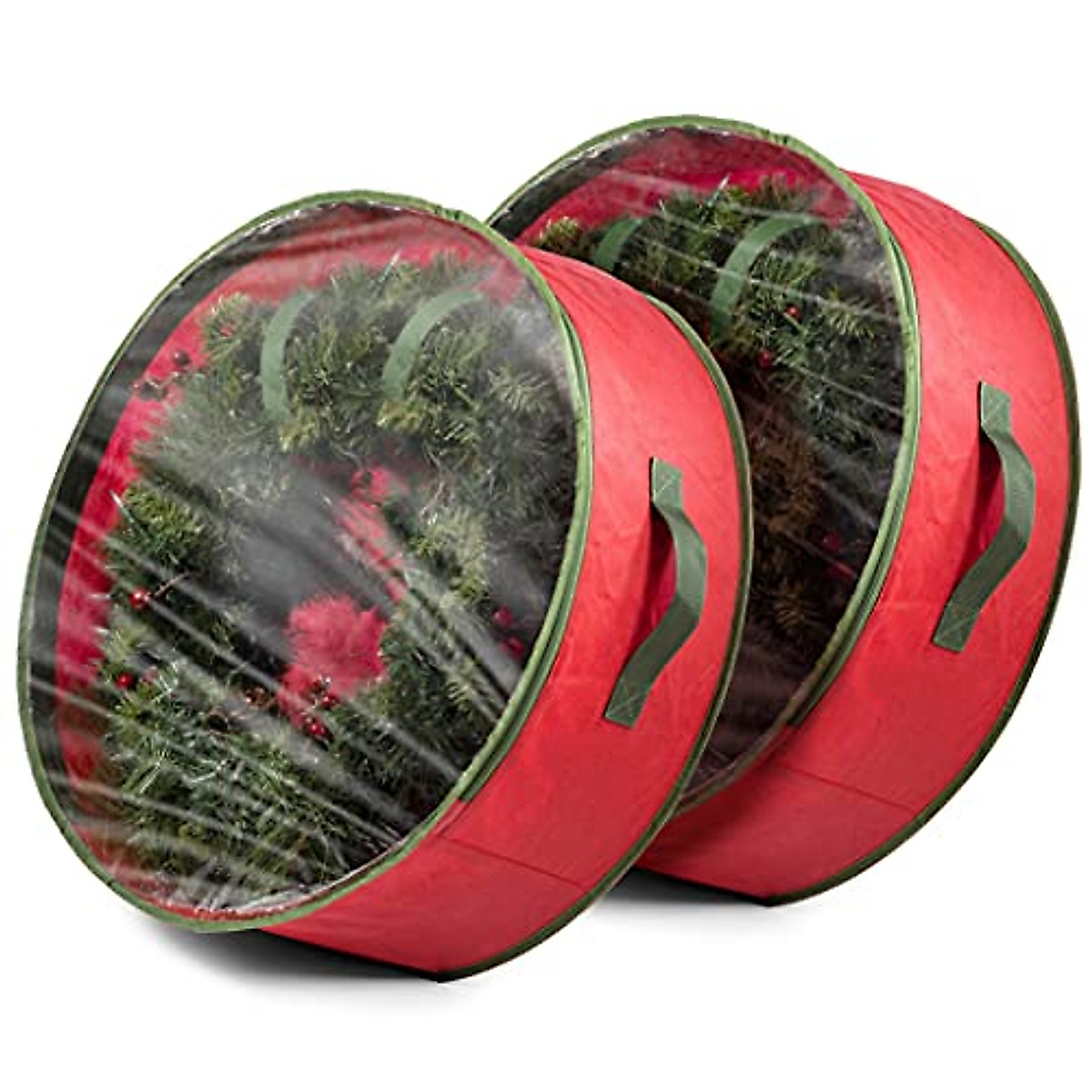 ZOBER 2-Pack Christmas Wreath Storage Container Clear Top 24-Inch, Breathable Non-Woven Material - Dual-Zippered Holiday Wreath Storage Bag & Durable Handles, Protect Artificial Xmas Wreaths