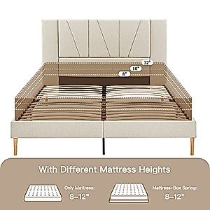 Flolinda Full Size Bed Frame Upholstered Platform with Complete Headboard and Strong Wooden Slats, No Box Spring Needed, Easy Assembly,Beige