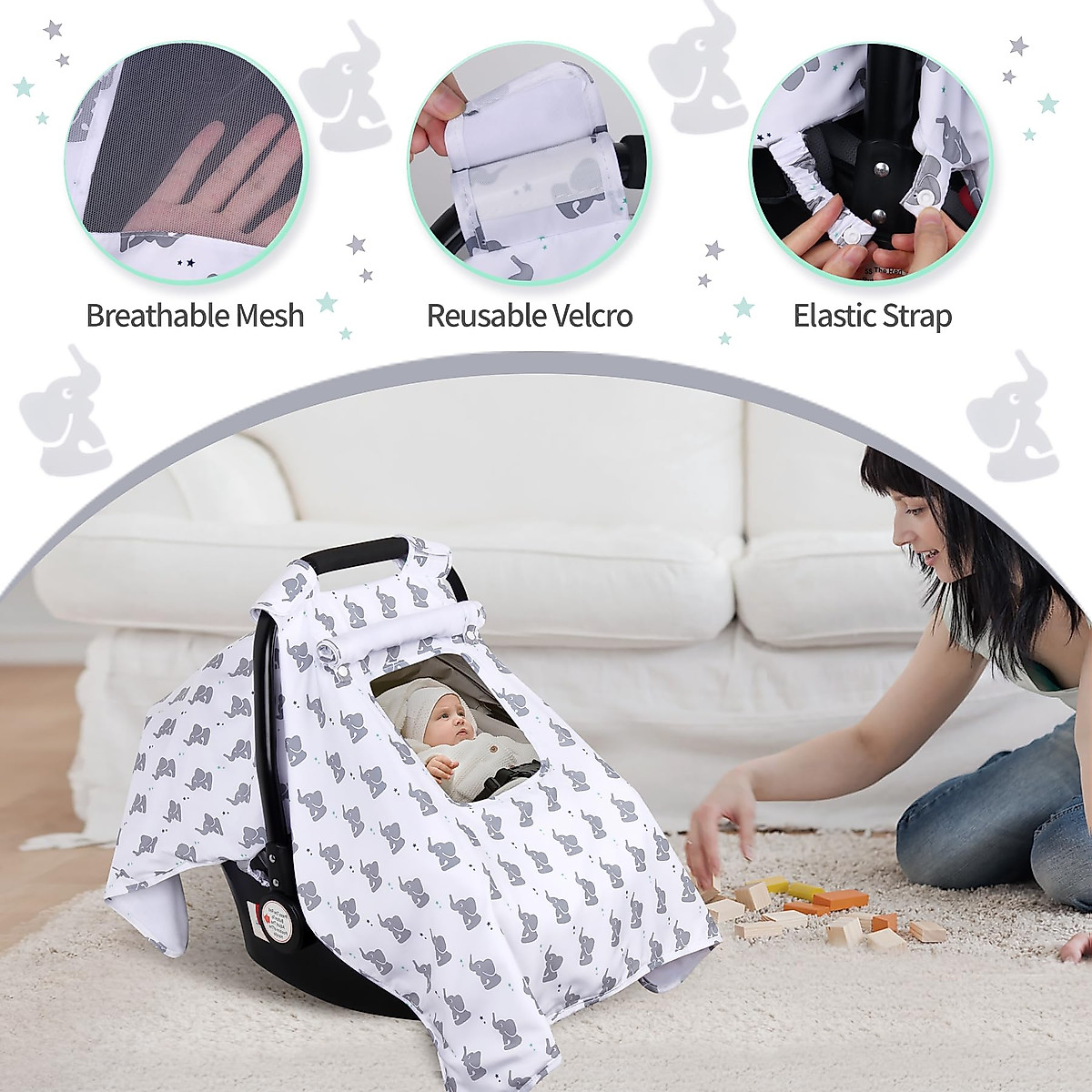 Baby Car Seat Cover, Infant Carseat Canopy with 3 Layers Windows, Breathable Mesh Peep Window, Kick-Proof Carrier Cover for Boys Girls, Windproof Stroller Cover Shower Gift for Newborn (Elephant)
