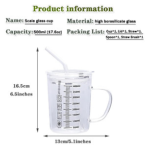 ZRAGEK Straw Cup Glass Mug with Straw and Spoon, Breakfast Scale Coffee Cup, Thickened High Borosilicate Glass Cup, 17.6oz Large Capacity, Microwave Safe(Black,17.6Oz)