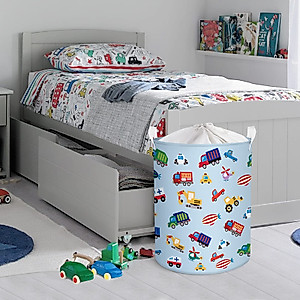 Clastyle 45L Cartoon Car Nursery Laundry Basket Blue Drawstring Collapsible Laundry Hamper with Handle Waterproof Toys Storage Basket for Kids Room, 14 * 17.7 in