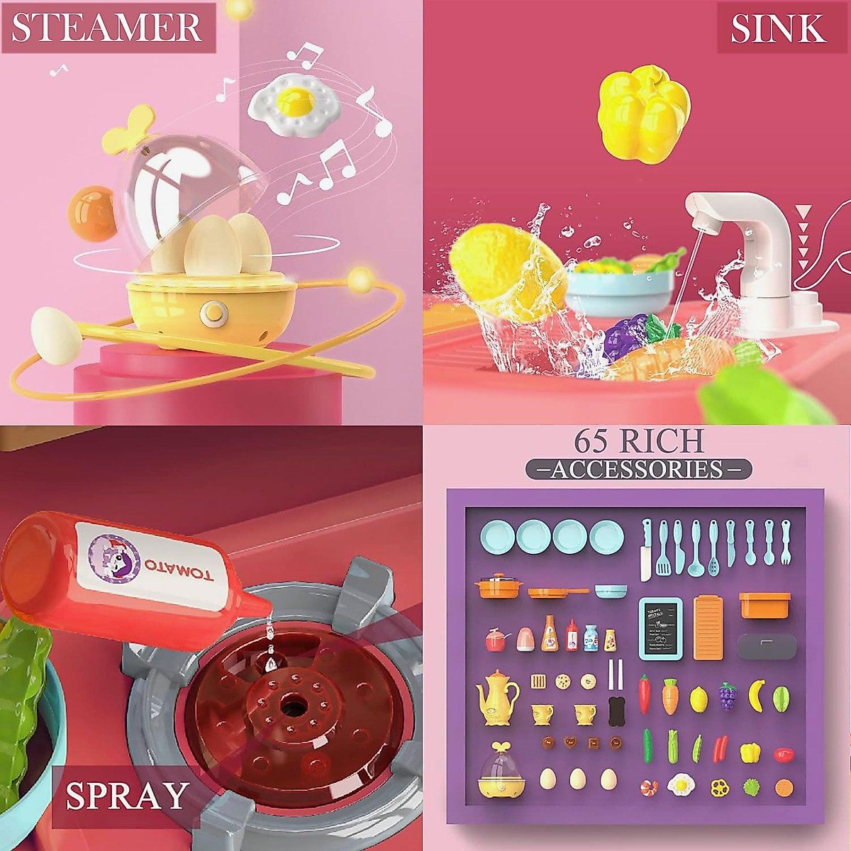 Roxie Play Kitchen Set for Girls, Pink Kitchen with Realistic Lights & Sounds, Play Sink with Runnng Water, Cooking Stove with Steam, 65 PCS Jumbo Kitchen Toys for Kids