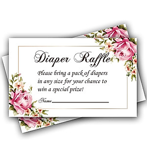 Diaper Raffle Tickets for Baby Shower (50 Count) 3.5" x 2" with Name Line, Pink Flower Design