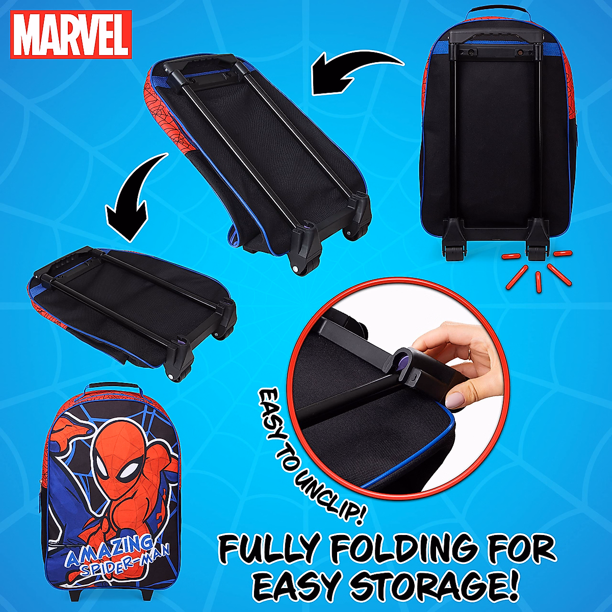 Marvel Kids Suitcase for Boys Foldable Trolley Hand Luggage Bag Carry On Avengers Travel Bag with Wheels Cabin Bag Wheeled Bag with Handle Spiderman Trolley Suitcase Boys (Multicolor Spiderman)
