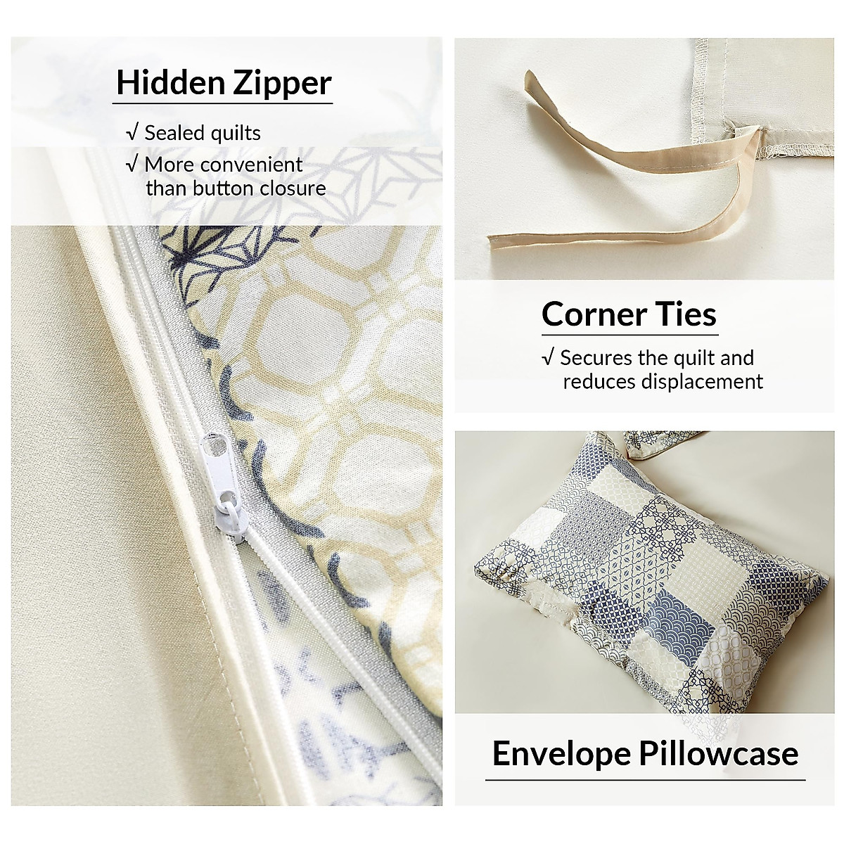 TINA'S HOME Duvet Cover Queen Size, Reversible Plaid Duvet Cover Set with Zipper Closure, 3 Pieces Bedding Set, 1 Duvet Cover 90"x90" & 2 Pillow Shams 20"x26"