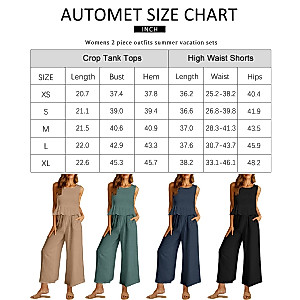 AUTOMET Womens Summer 2 Piece Outfits Linen Crop Tank Tops Lounge Matching Sets & Long Track Pants Tracksuits 2025 Blue Grey S