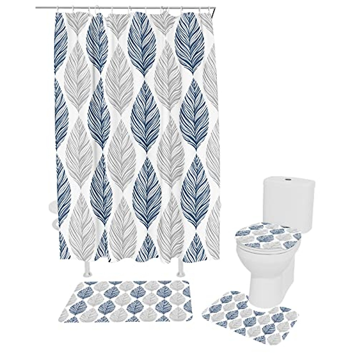 4 Pcs Shower Curtain Set with 12 Hooks Grey and Navy Blue Olive Leaf Texture Watercolor Hand Drawn Bathroom Sets with Non-Slip Bath Mat Toilet Lid Cover Waterproof Durable Shower Curtain and Rugs