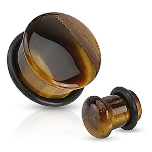 Pierced Owl Semi Precious Tiger Eye Domed Single Flare Plugs with O-Ring, Sold as a Pair (6mm (2GA))