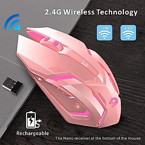 Uciefy X96 Wireless Gaming Mouse, Rechargeable Silent Mouse 4 Breathing Led Light Optical Mice with Nano USB Receiver, 2400 DPI High Precision Laser for Computer/Laptop/Mac/PC (Pink)