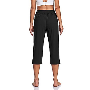 TARSE Women's Capri Yoga Pants Stretch Lightweight Running Jogging Pants Casual Comfy Pull On Capris Pockets Sweatpants (Black,M)