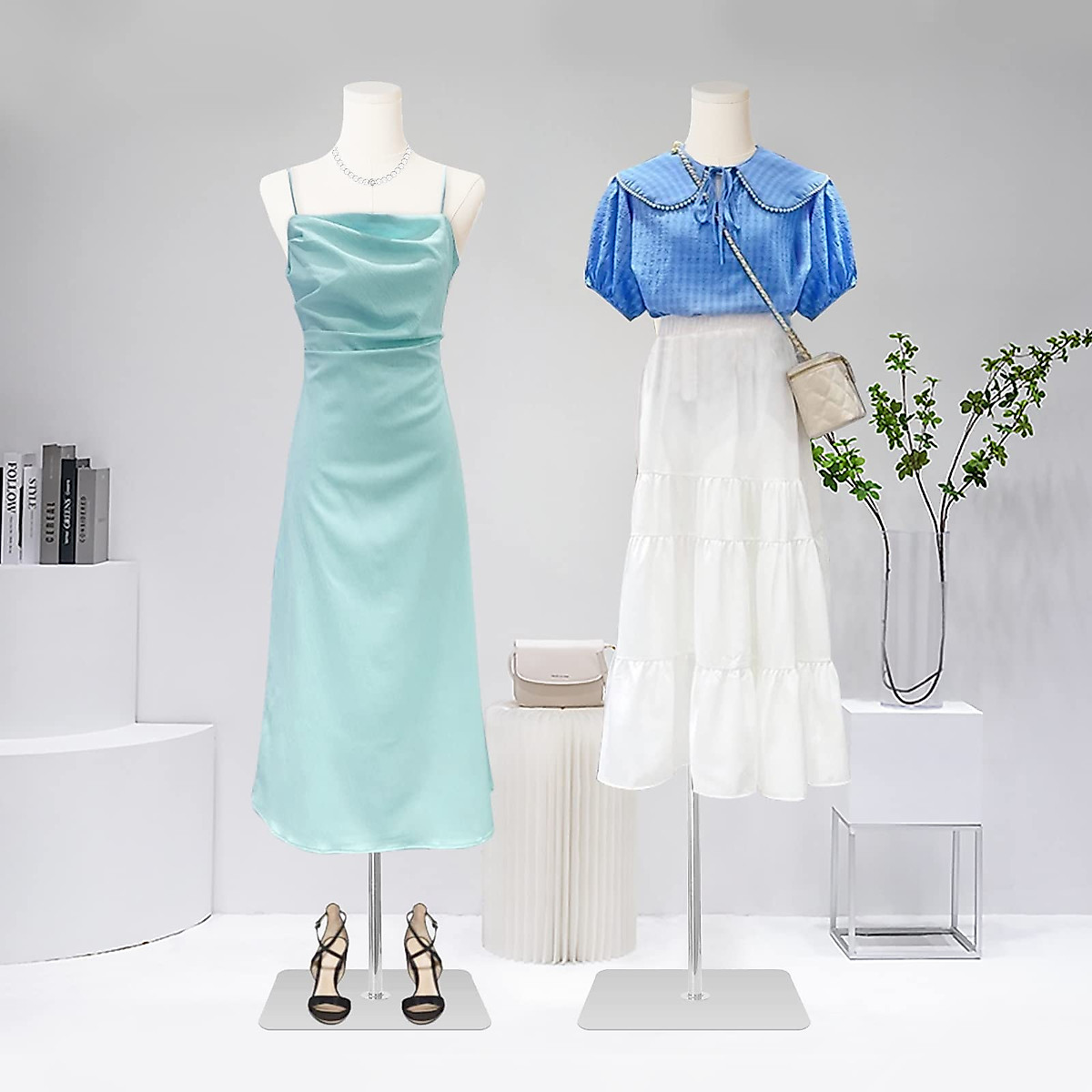 SHAREWIN Female Mannequin Torso Women Dress Forms for Sewing Manicanequin Body High Stability Gold Metal Stand for Clothing Dress Jewelry Display Adjustable Height 50”-70” Thin Body