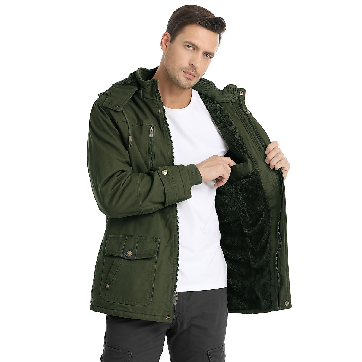 CHEXPEL Men's Cotton Military Jackets with Removable Hood Casual Winter Coat Windproof Work Outerwear Jackets Army Green XL