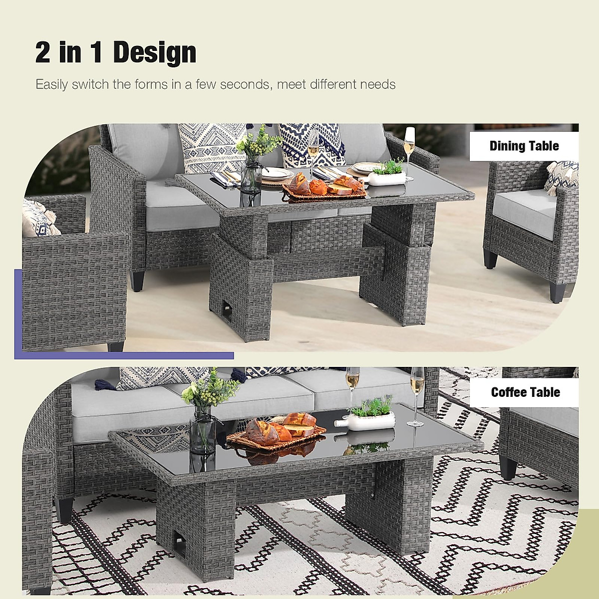 SUNSITT Patio Furniture Set 6-pcs Outdoor Furniture Conversation Sets with Lift Dining Table Wicker Patio Furniture Outdoor Couch Grey Rattan Light Grey Cushions for Garden, Backyard, Lawn