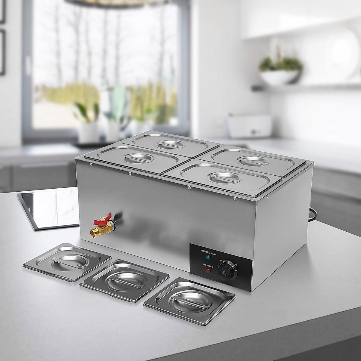 4 Pan Commercial Food Warmer, 19.2 QT Steam Table Food Warmer,600W Warmers for Food Trays Buffet with 86-185°F Temp Control,Steam Table with Lid and Tap for Catering and Restaurants,Silver