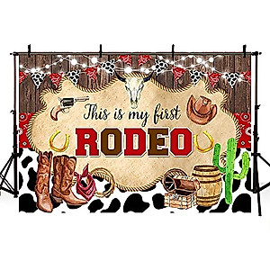 AIBIIN 7x5ft My First Rodeo 1st Birthday Backdrop Western Cowboy First Bday Photo Photography Background Cow Print Wild West Rustic Wood Boot Hat Party Decorations Banner Photo Shoot Studio Props