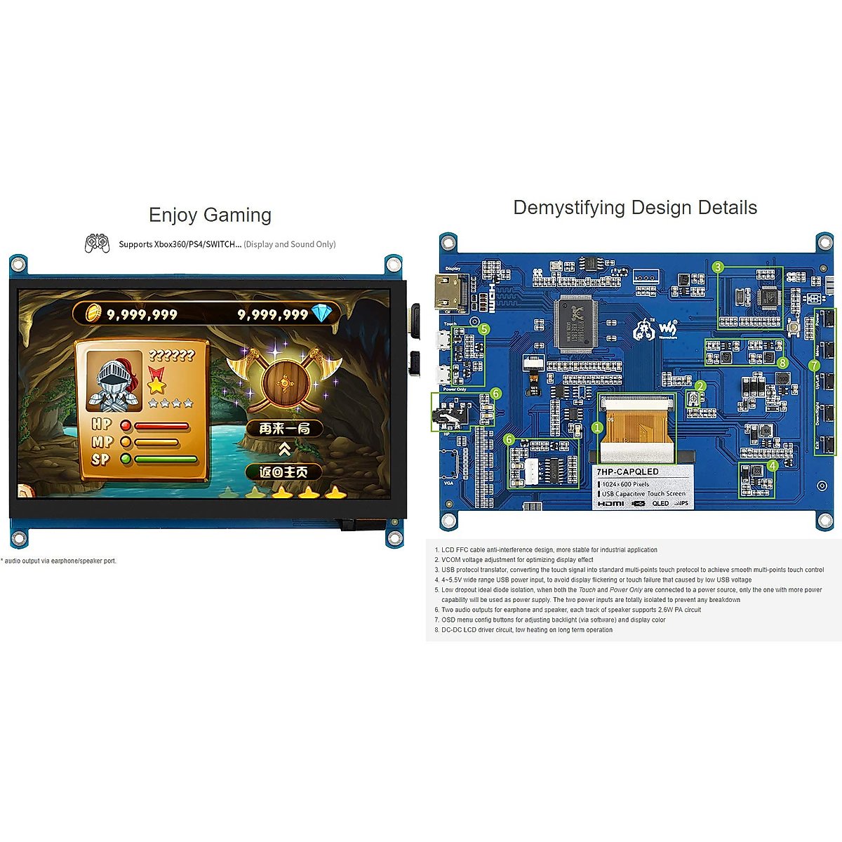 TOP1 7 inch QLED Quantum Dot Display Capacitive Touch Screen Monitor 1024×600 G+G Toughened Glass Panel for Raspberry Pi/Jetson Nano/Game Console, 7HP-CAPQLED