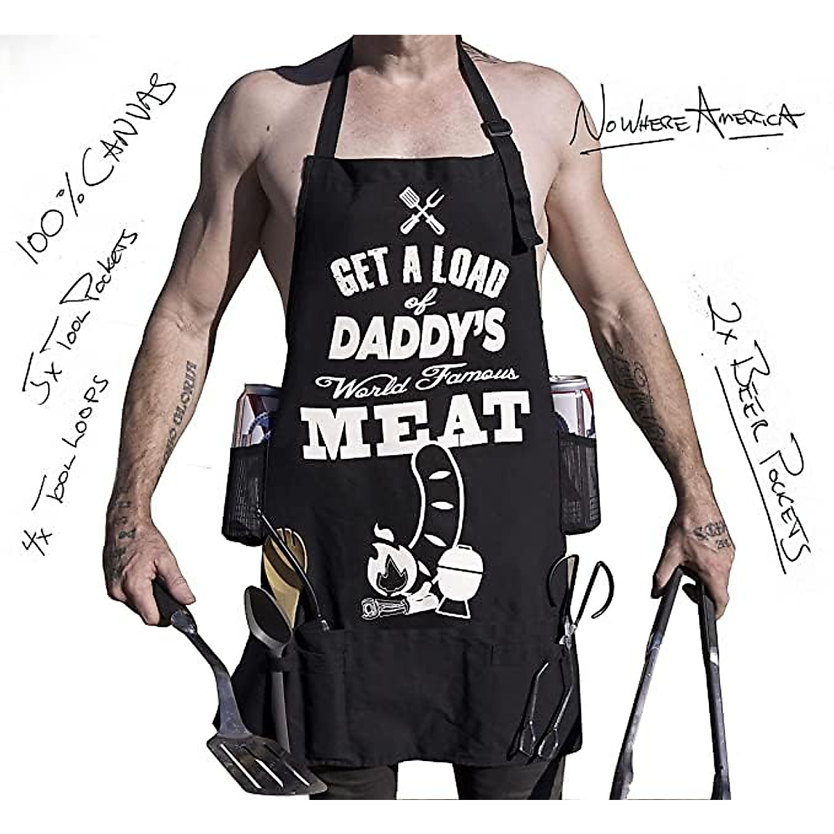 Nowhere America - "Get a Load" - Trashy Funny BBQ Apron for Daddy - 100% Canvas - 5 Pockets - 4 Tool Loops - 2 Beer Holders !!
