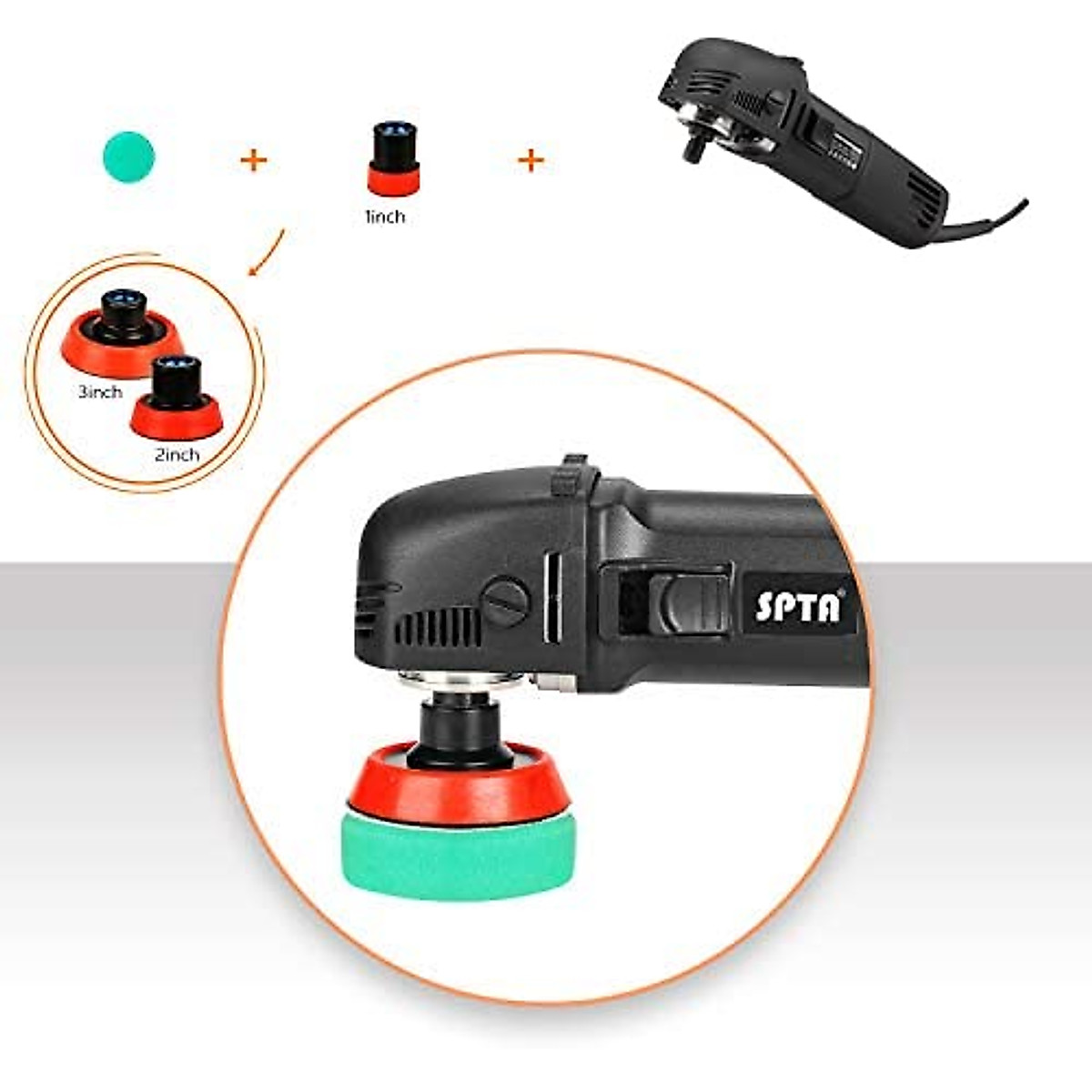 SPTA Mini Polishing Machine Buffer Rotary Polisher Auto Detailing Superpolish with 27Pcs Detail Polishing Pad Mix Size Kit Buffing Pad and 75mm,100mm,140mm M14 Thread Extension Shaft