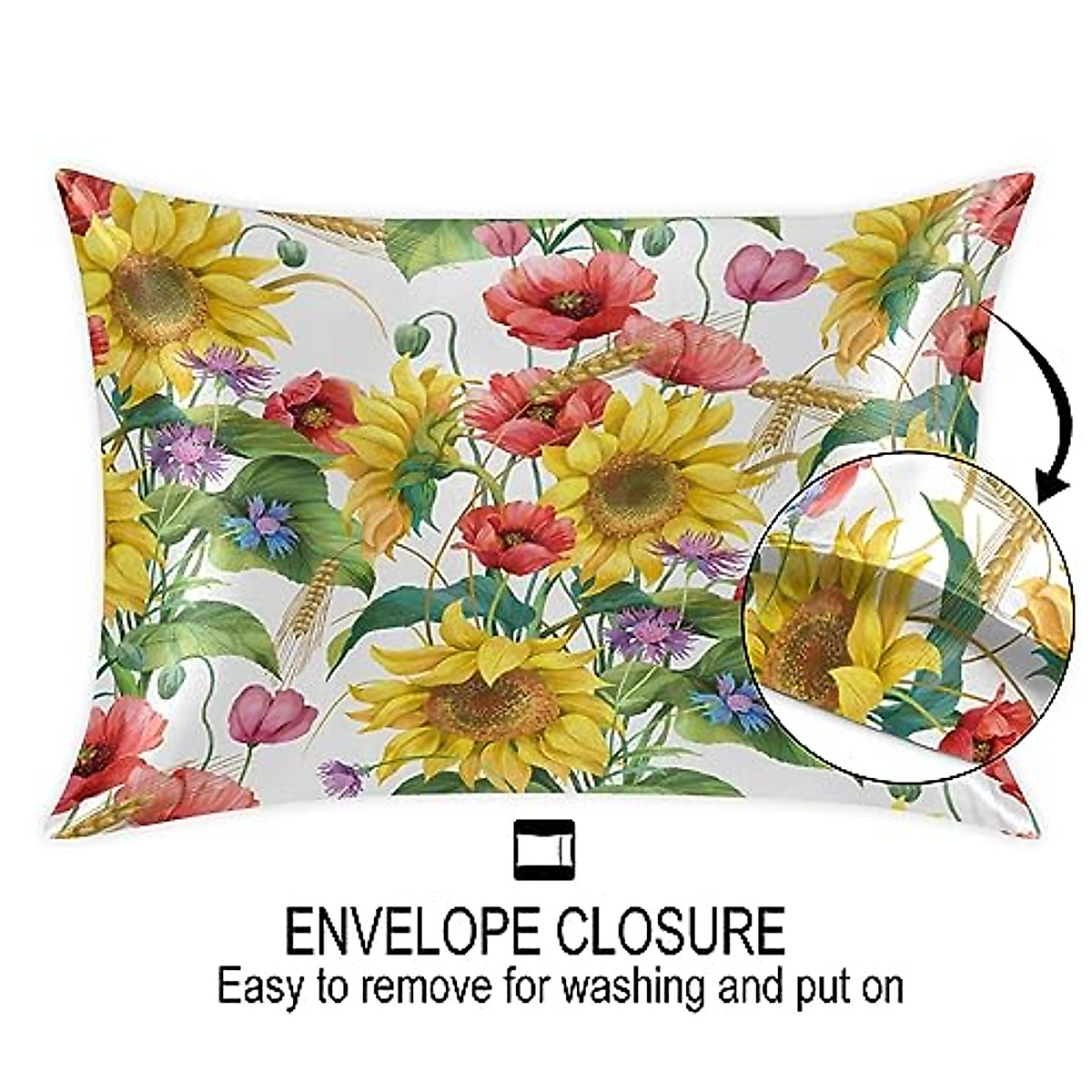 Floral Sunflower Poppy Satin Pillow Cases Silk Satin Pillowcase for Hair and Skin Standard Set of 2 Super Soft Silk Pillowcase with Envelope Closure (20x26 in)