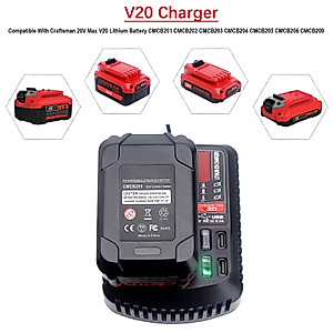 Qbmel 20V Battery Charger Replacement for Craftsman V20 Lithium Ion 20Volts Battery CMCB104 CMCB202 CMCB201 CMCB209 CMCB205 CMCB100 CMCB102 CMCB101 with USB Port(Only for 20V,not for 19.2V)