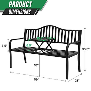 SFIHOME Metal Frame Garden Bench with Folding Table, 59" All-Weather Outdoor Benches for 2 Adults, Patio Bench with Slatted Backrest, Bench for Lawn Yard Porch Entryway, Black