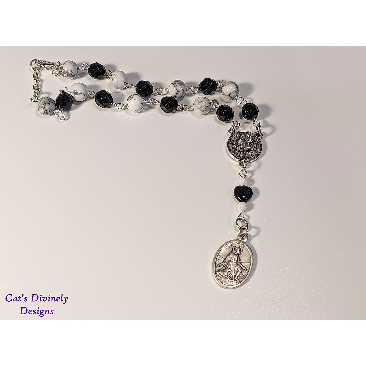 St. Rocco White Howlite & Jet Black Car/Vehicle Rosary