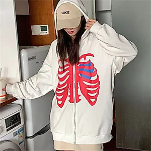 Women Y2k Jacket Long Sleeve Graphic Skeleton Zip Up Hoodie Sweatshirt Streetwear White XL