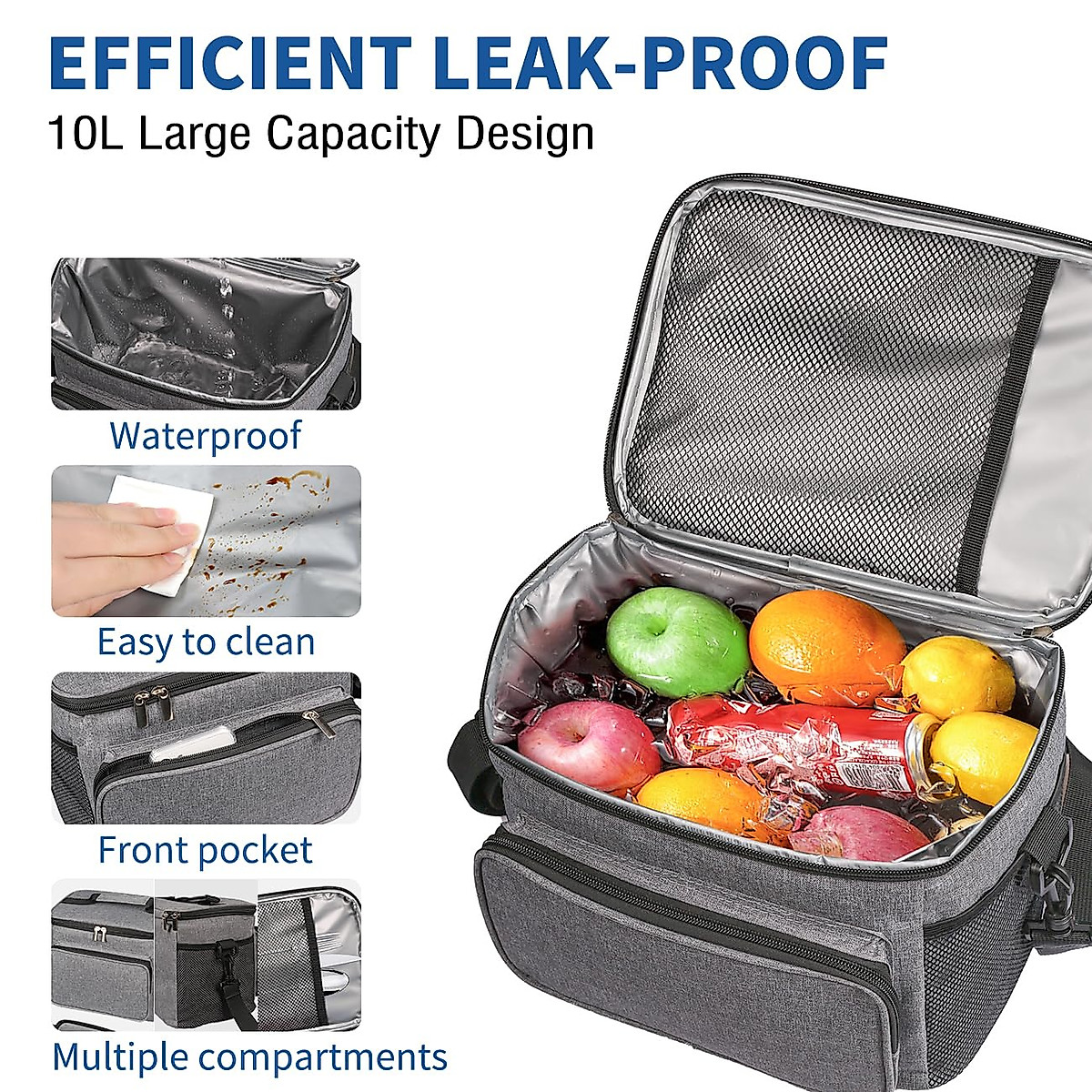 IKNOE Large Cooler Bag Collapsible 15 Can Insulated Bags, 10L Leakproof Lunch Cooler Tote with Multi-Pockets for Adult Insulated Lunch Box for Beach, Picnic, Work(Grey)