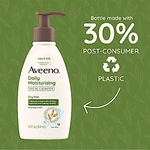 Aveeno Daily Moisturizing Facial Cleanser for Dry Skin, Gentle Face Cleanser with Soothing Oat for Skin that Feels Soft & Supple, Removes Dirt, Oil and Impurities, Fragrance Free, 12 FL OZ