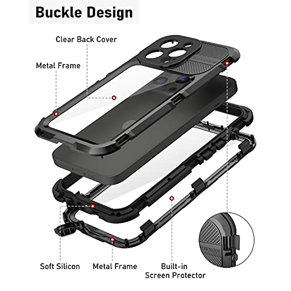 WIFORT iPhone 13 Pro Waterproof Metal Case - Built-in [Screen Protector][15FT Military Grade Shockproof][IP68 Water Proof], Full Body Aluminum Protective Dropproof Cover, 6.1" Black