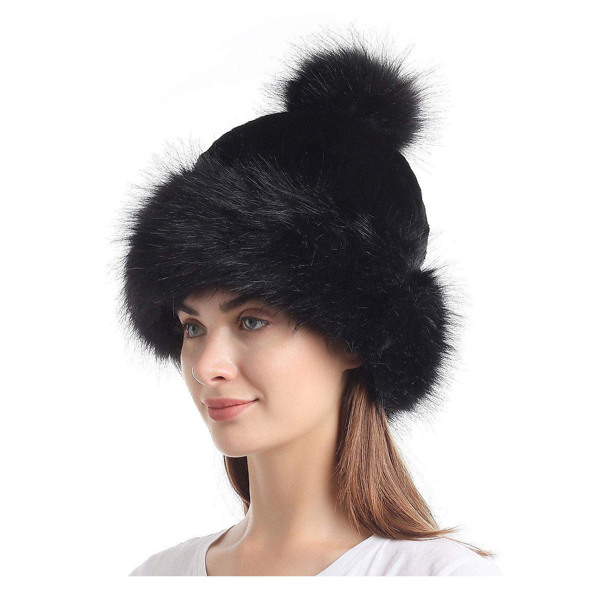 LA CARRIE Women's Faux Fur Hat Russian Cossack Pompom Cap for Winter Ski Snow(Black)