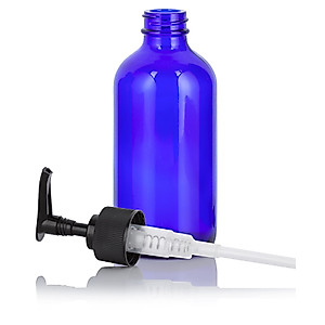 8 oz Cobalt Blue Boston Round Glass Bottles (2 Pack) with Two Closures: Black Lotion Pump and Phenolic Caps
