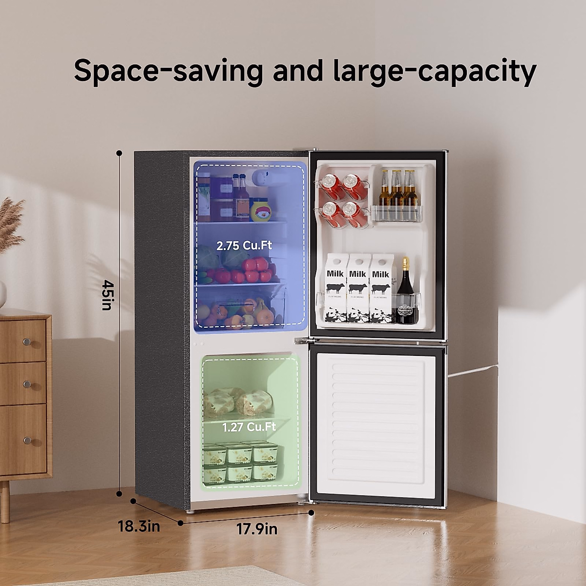 BANGSON 4.0 Cu.Ft Small Refrigerator with Freezer, Small Fridge with Bottom Freezer, for Apartment, Bedroom, Dorm, and Office, Double Door, Black