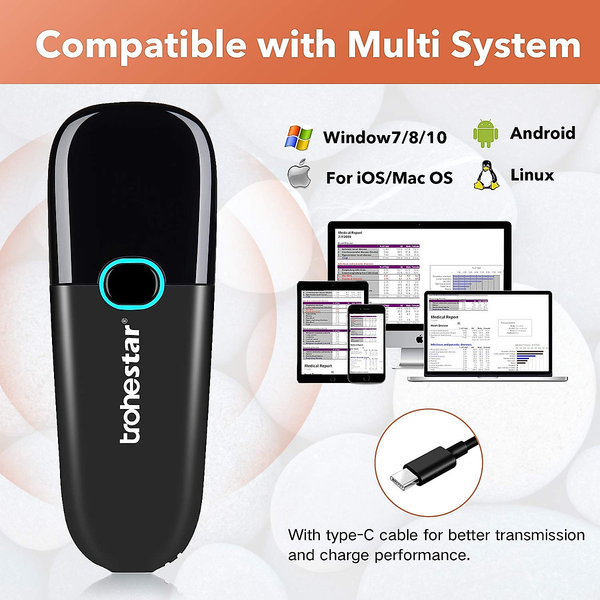 trohestar Mini Bluetooth Barcode Scanner 328 fts Range USB 1D Barcode Scanner Automatic Handheld Bar Code Reader for Retail Store, Warehouse Inventory, Library
