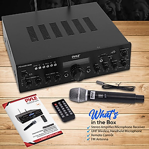 Pyle Wireless Microphone Power Amplifier System - 200W Dual Channel Sound Audio Stereo Karaoke Speaker Receiver w/USB, AUX, Microphone in w/Echo, Radio,Home Theater via RCA, Studio Use PDA8BUWM.5