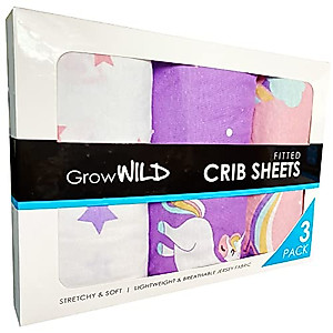 GROW WILD Crib Sheets Girl 3 Pack | Soft & Stretchy Jersey Cotton Fitted Crib Sheet Unicorn, White Pink Purple Baby Crib Sheets for Girl, Crib Mattress Sheet or Toddler Bed Sheets, Unicorn baby sheets