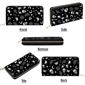 PIHNSDUA Skull Cat Moon Gothic Women's Long Wallet PU Leather Purse with Card Holder Zip Around Clutch Wallet