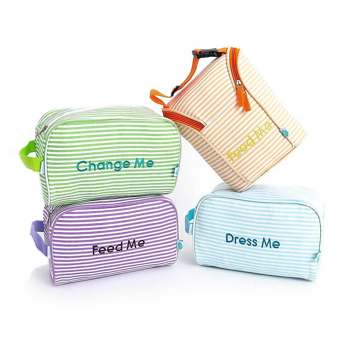 Easy Baby - Diaper, Bottle, and Supplies - Organizer Pouches - Change, Feed, and Dress Me (4 Pack Seersucker) | Organizing Packing Tote Cubes for Baby Items | Good for Travel and Keeping Organized