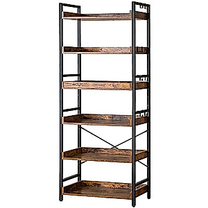 HCHQHS Bookshelf Adjustable 6 Tier Open Bookcase,Rustic Farmhouse Book Shelves, Industrial Wood and Black Metal Bookshelves,Mid Century Bookcase for Home Office Living Room Bedroom (Rustic, 6 Tier)