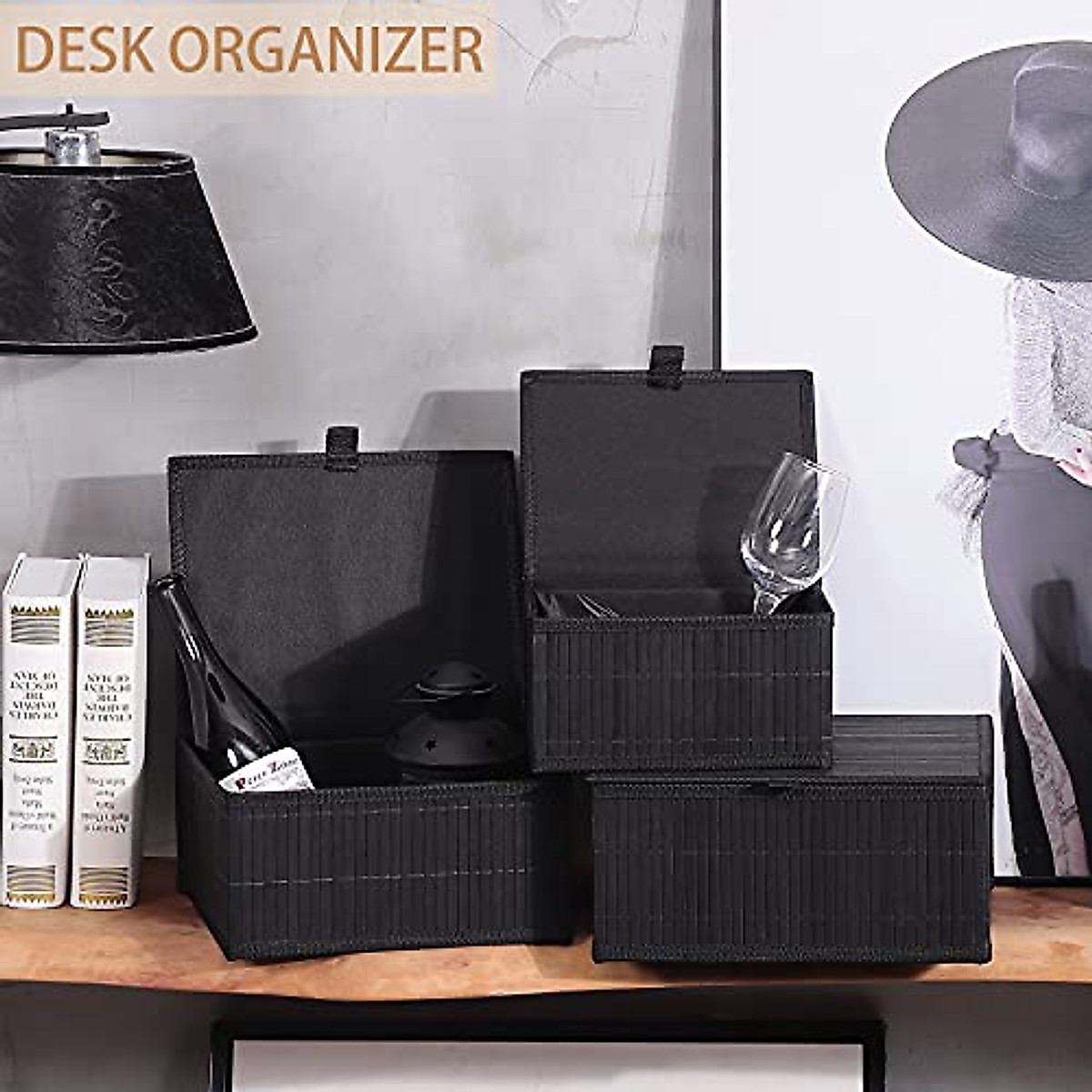 Honygebia Bamboo Decorative Storage Boxes - Set of 3 Woven Lined Storage Basket with Lids, Black Wicker Lidded Baskets for Home Kitchen Shelf Organizer Decor