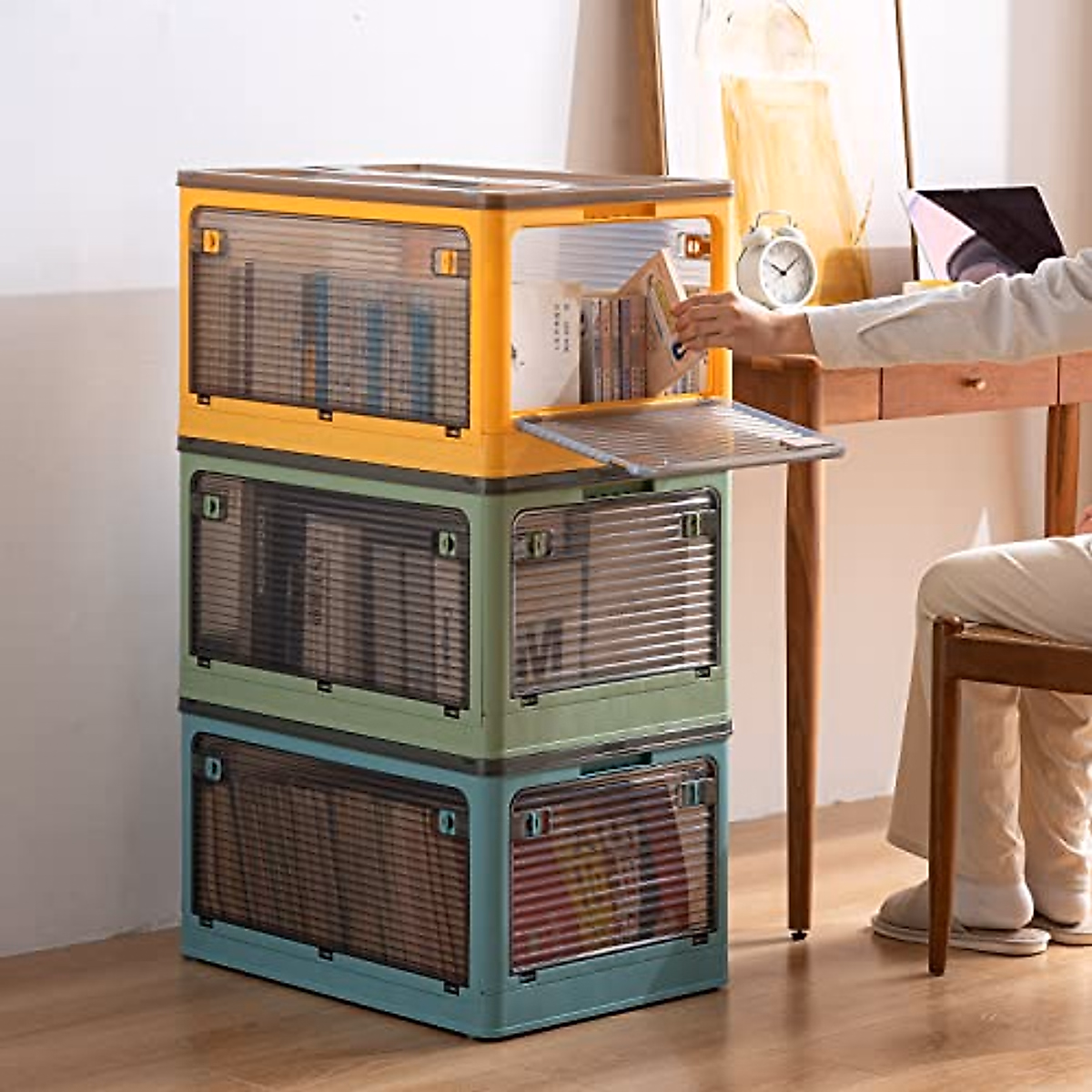 ANMINY Lidded Plastic Storage Bin 5-Door Collapsible Stackable Portable Crate Clear Storage Box Container Basket with Wheels Handles Lid for Cloth Toy Grocery Travel Car Truck Use - Green, Extra Large