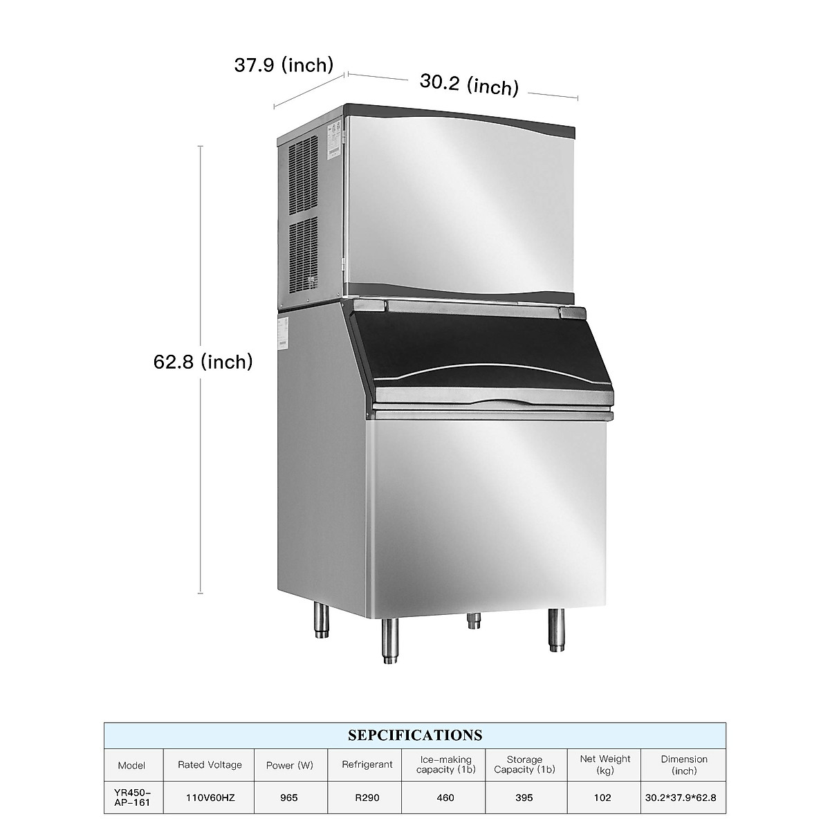 Commercial Ice Maker Machine with Bin, Atosa Stainless Steel Automatic Supermarkets Restaurant, 460lbs/24h