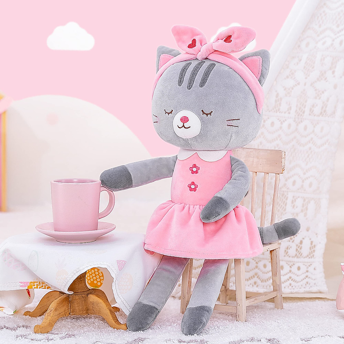 Lazada Stuffed Cat Dolls Animal Kitty Plush Toy Baby Girl Gifts Gray with Hair Band 16"